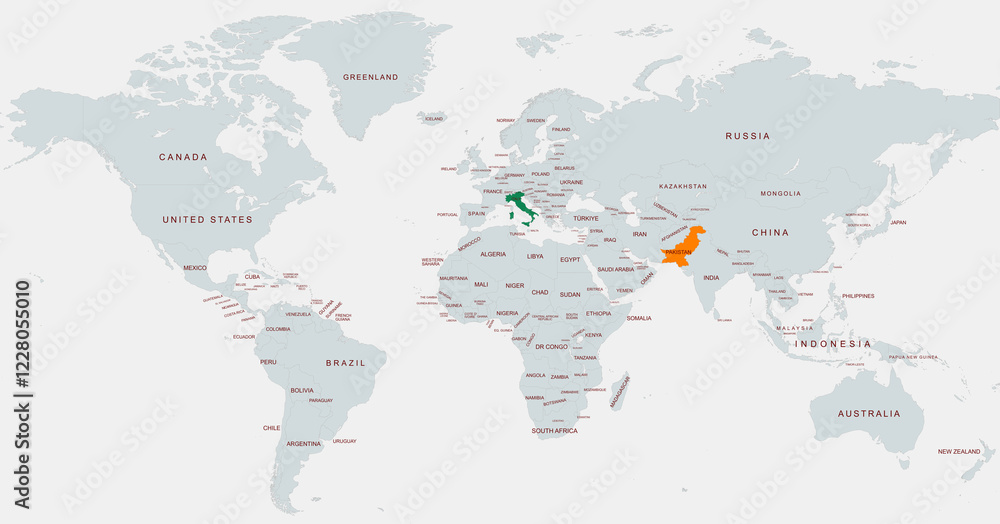 Highlighted World Map Featuring pakistan and Italy Locations Marked ...
