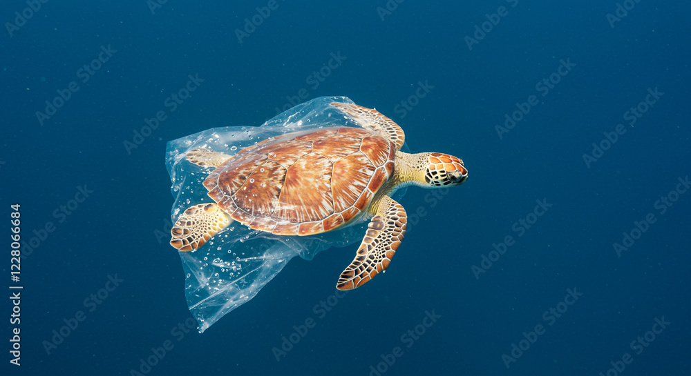 Turtle entangled in plastic bag swims in ocean. Sea turtle trapped in plastic pollution. Marine ...