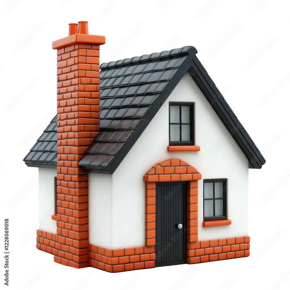 This small house features a black roof and brick chimney, isolated on a ...