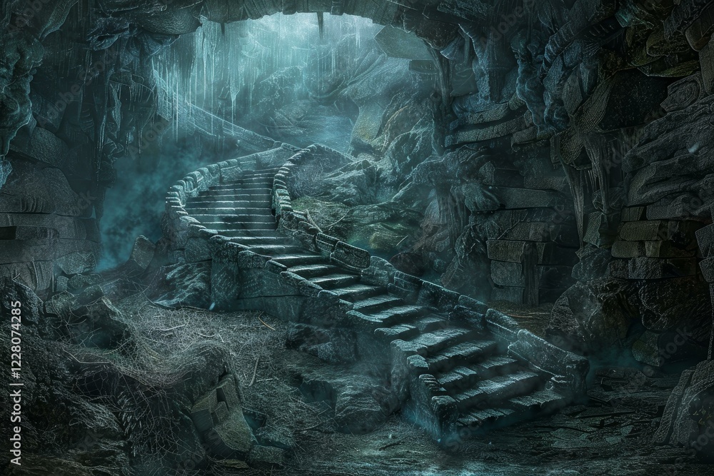 Stone staircase ascending towards a mysterious light source in a dark ...