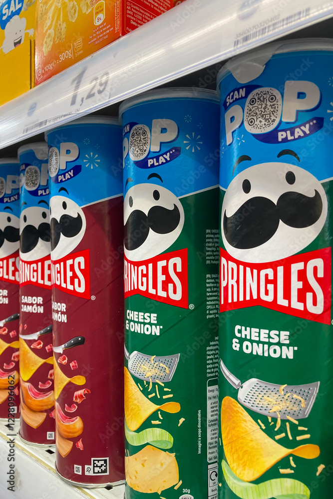 Variety of Pringles stackable potato-based chips in the Carefour ...