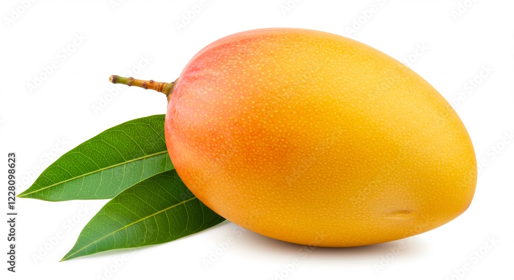 fresh indian organic ripe yellow mango fruit with leaves closeup ...