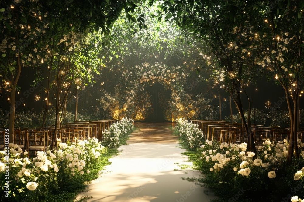 Romantic outdoor wedding ceremony setup in a lush green forest with a ...