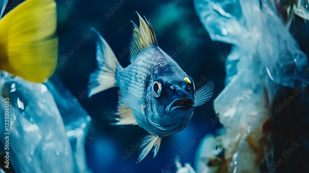 Ocean Pollution Sad Fish Plastic Bags Underwater Wildlife Dark Blue ...