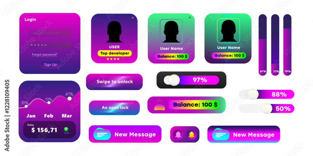 Vector de Stock Neon gradient UI elements set including login form ... Vector de Stock Neon gradient UI elements set including login form ...