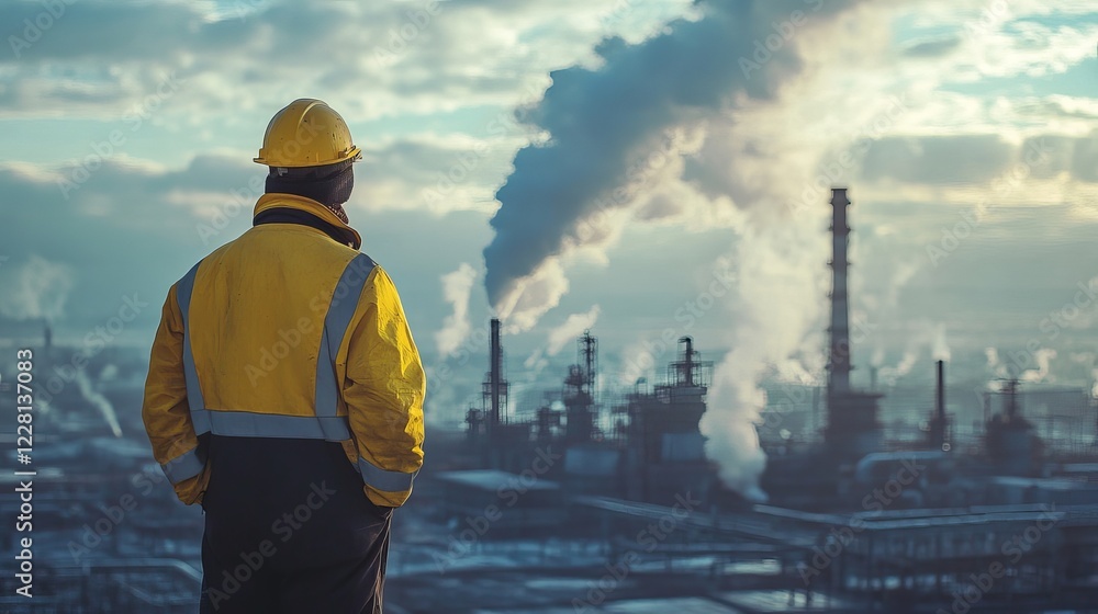 Industrial Worker Observing Pollution Heavy Smoke Industrial Plant ...
