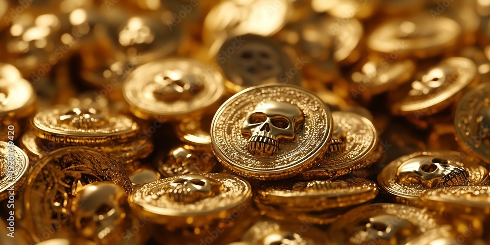 Numerous gold coins featuring prominent skull symbols create a ...