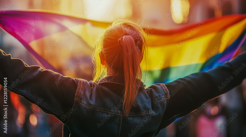 Pride parade. LGBTQ+. A person stands with their arms outstretched, a ...