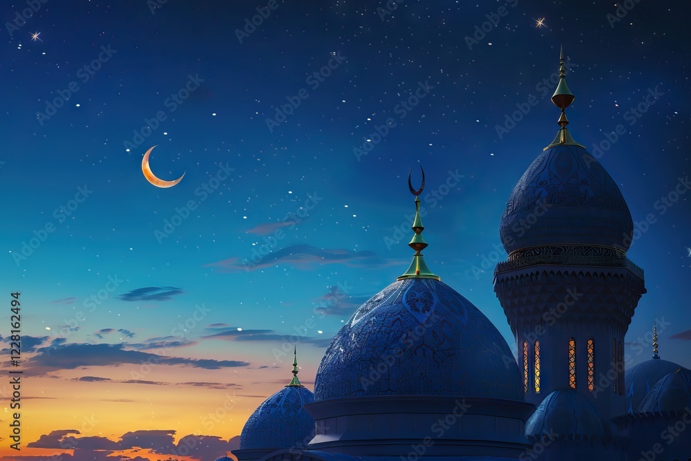 Islamic symbols on twilight sky background with free space. Stock Photo ...