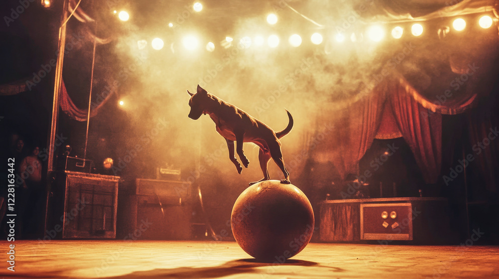 Performing dog balances on a ball in dramatic circus setting from the ...