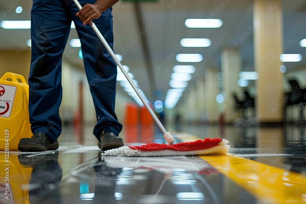 African American male janitor cleaning office conference room with mop ...