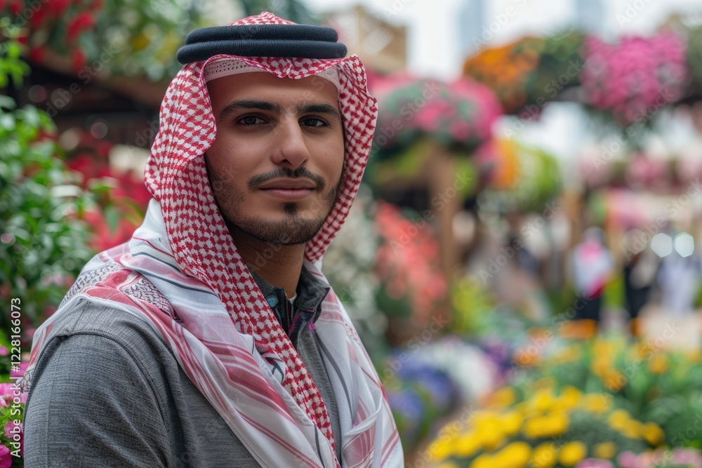 European tourist in Arabic attire at Dubai Miracle Garden. Stock Photo ...