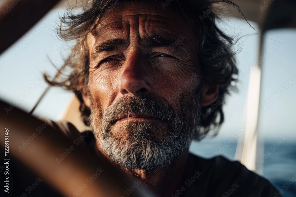 ultra-realistic close-up portrait of seasoned yacht captain standing at ...