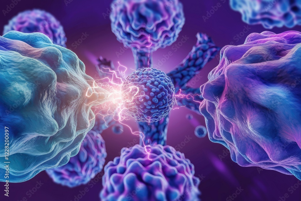 Microscopic view of immune cells attacking a cancer cell, using energy ...