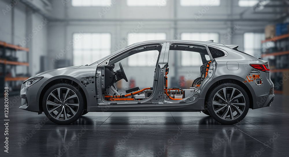 Car chassis with electric wiring and car design. Vehicle manufacturing ...