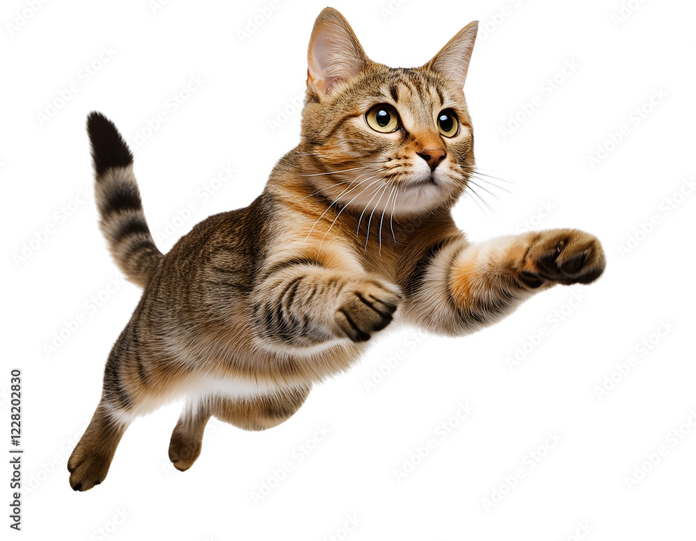 Foto de Stock A cat captured in mid-air, leaping and reaching, saved as ...