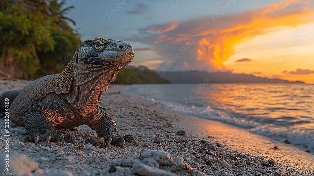 Komodo dragon resting on beach during golden sunset with ocean view, showcasing wildlife in ...