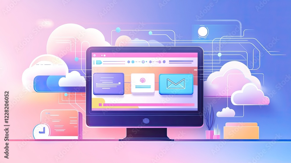 Modern computer monitor displaying cloud-based web application, email, and data, with abstract ...