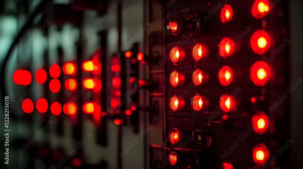 Multiple red lights blinking on an electrical control panel, potentially indicating an active ...