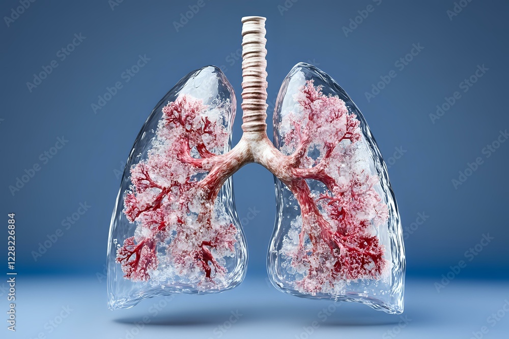 Transparent anatomical model of human lungs with red blood vessels and ...