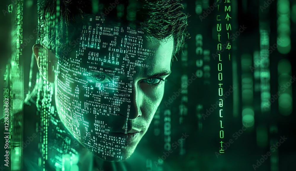 Digital code projection on male face profile with green matrix background and binary numbers ...