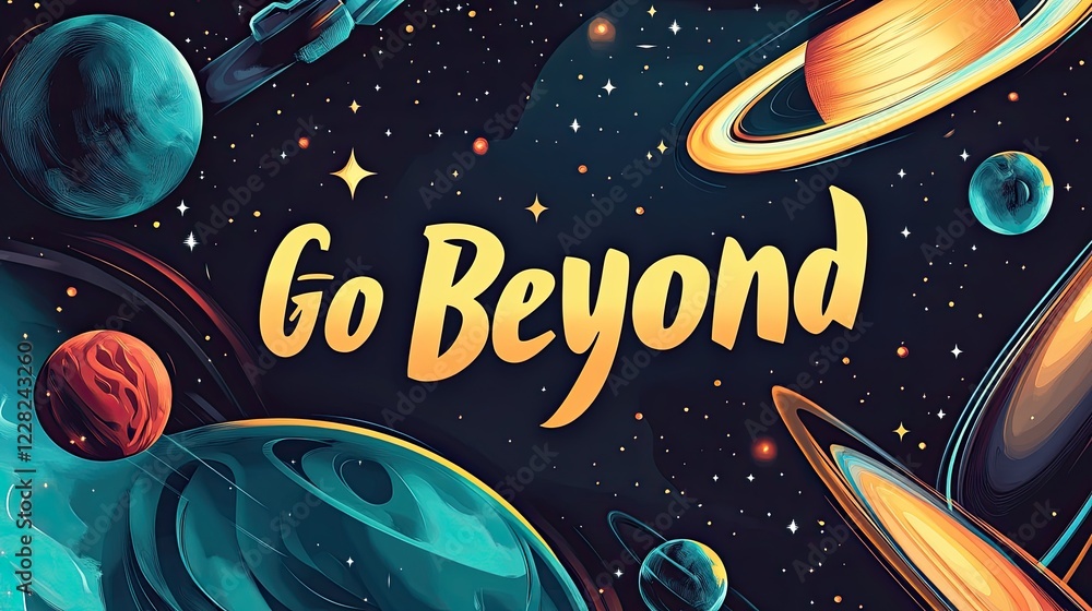 Inspirational space art planets, stars, spacecraft, 'Go Beyond' text ...