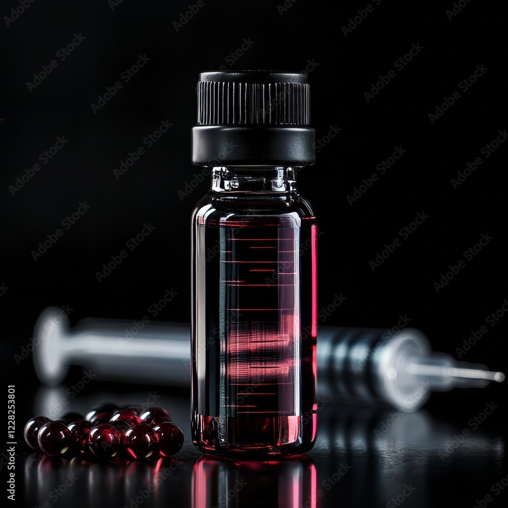 Testosterone steroid vial and syringe on dark background for muscle ...