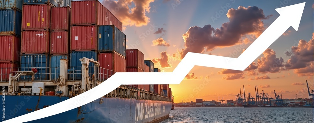 Shipping container with upward arrow: Symbol of rising trade volumes ...