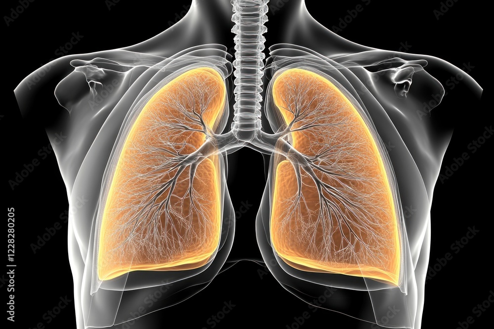 The X-ray shows human lungs with visible branching airway structures ...