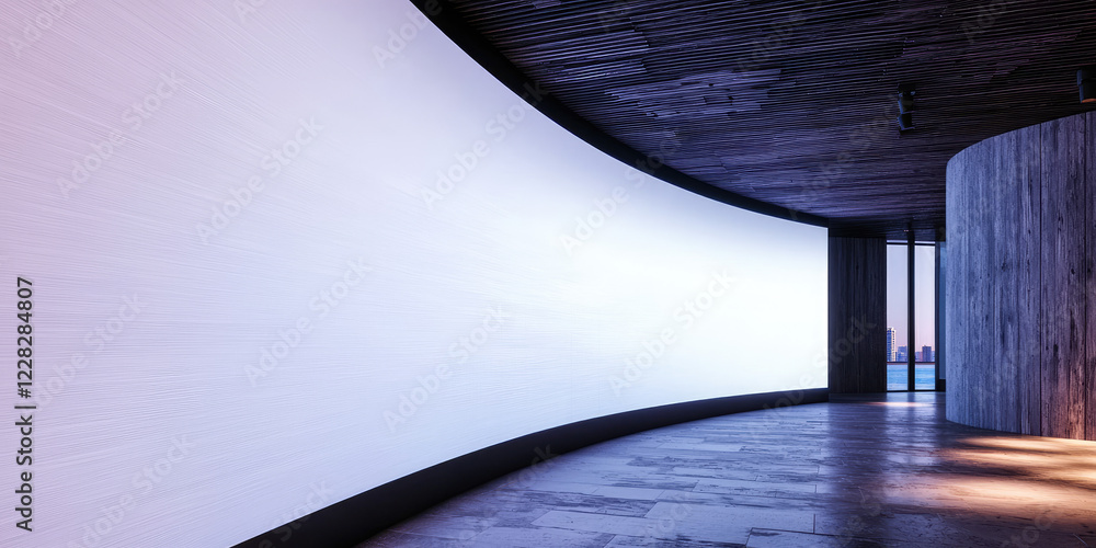 Curved big blank digital display screen, blank white screen mockup in ...