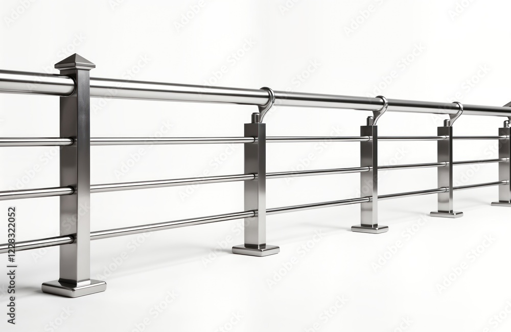 Modern stainless steel railing system on white background. Metal ...