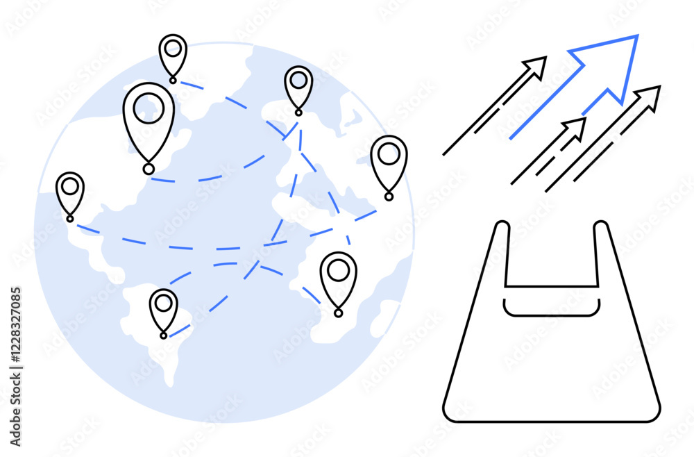 World map with location pins, dashed lines connecting them, alongside ...
