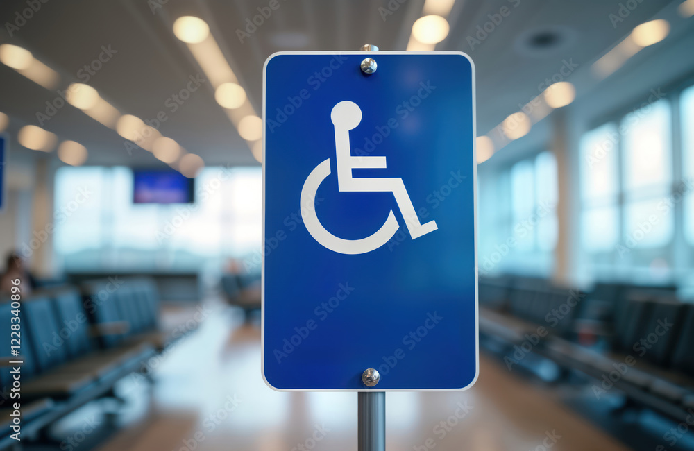 Blue handicap sign in airport terminal. Universal accessibility symbol ...