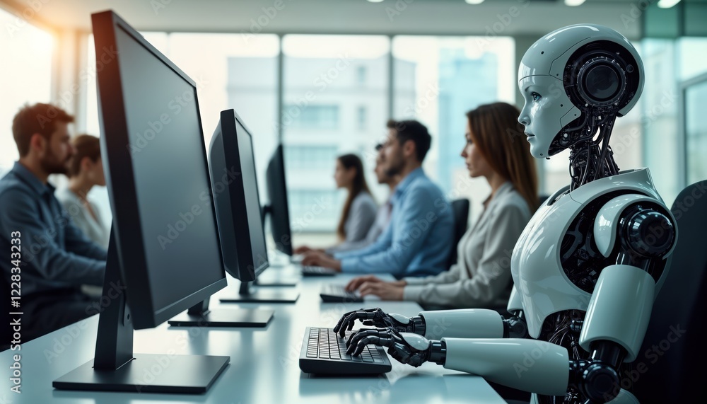 Futuristic office scene shows humans, robots working together at ...