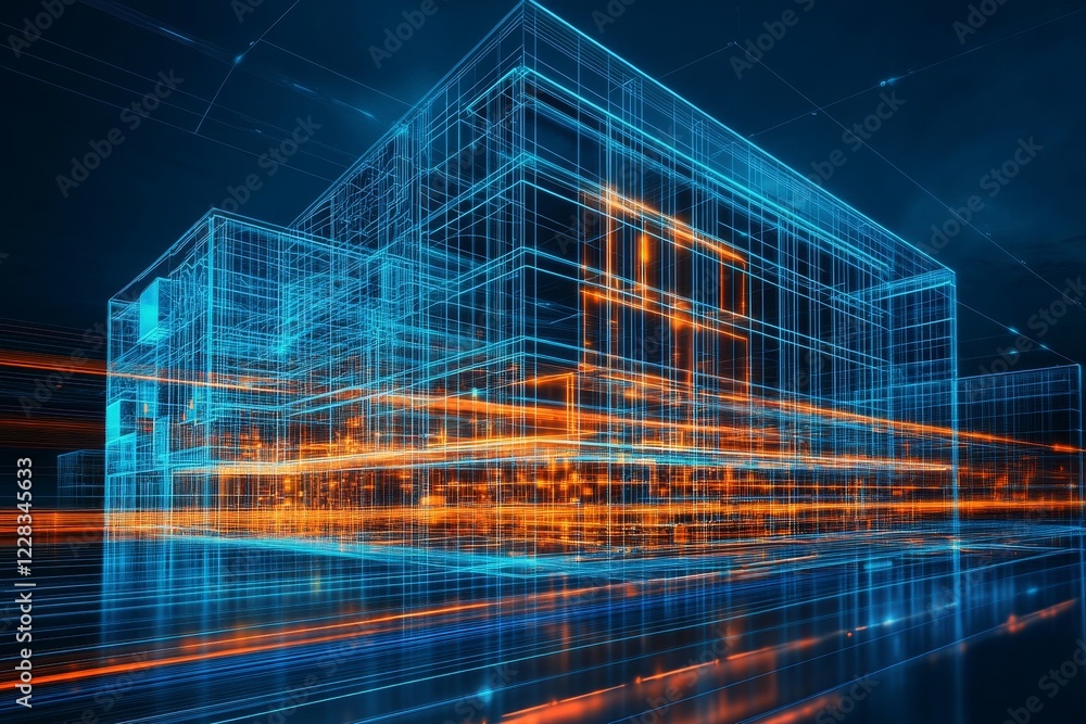 Generate a 3D X-ray of an office building. Overlay the image with an ...