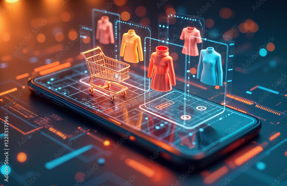 Futuristic mobile shopping app displays virtual clothing items. Digital ...