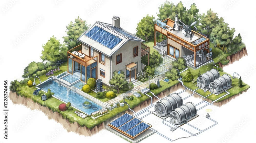 Home hydro power system illustrated. Rainwater collection feeds micro ...