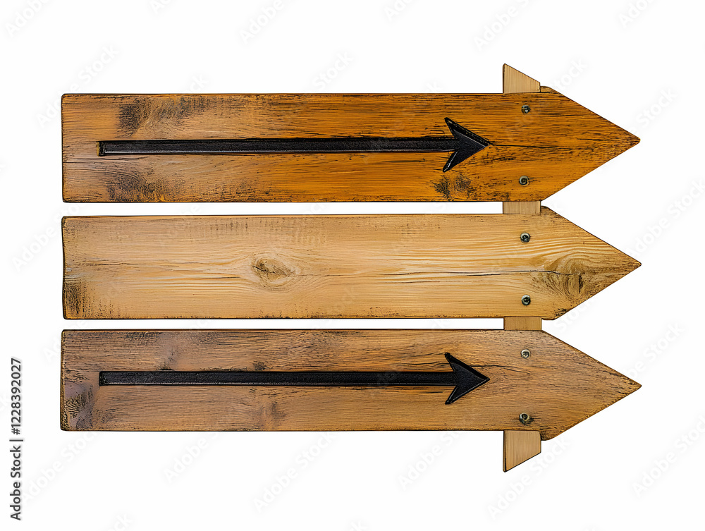 Three Wooden Arrow Signs Pointing Right and Left with Blank Center Sign ...