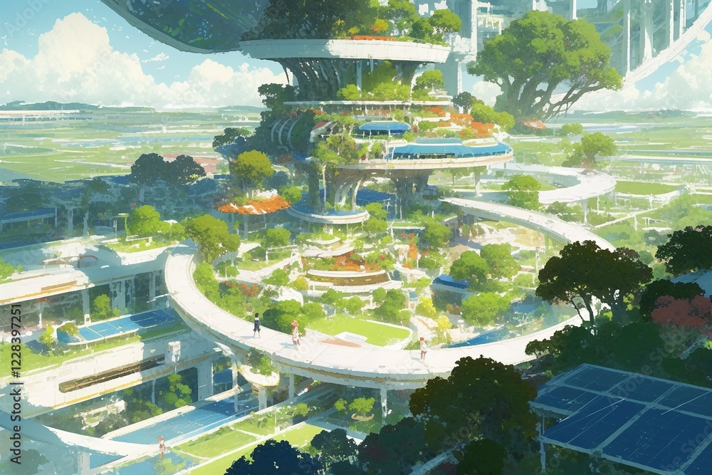 Futuristic city with integrated nature, elevated walkways, and solar ...