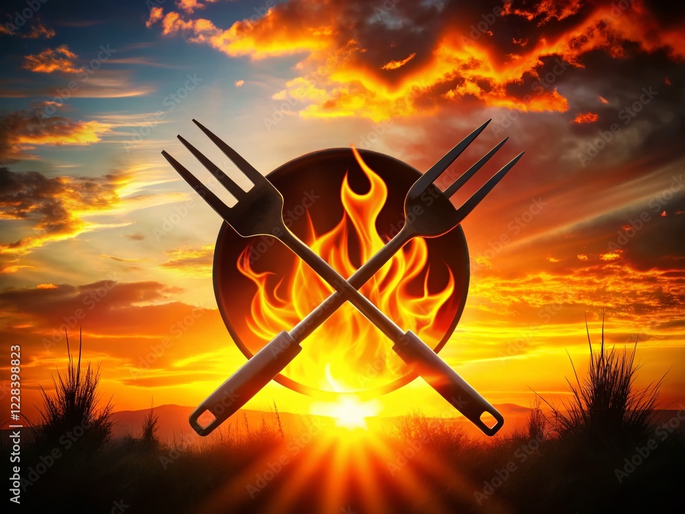 Vintage Grill BBQ Silhouette Logo Design with Crossed Forks and Flames ...