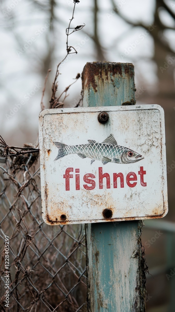 Sign depicting a fish with the word "fishnet" in rustic outdoor setting ...