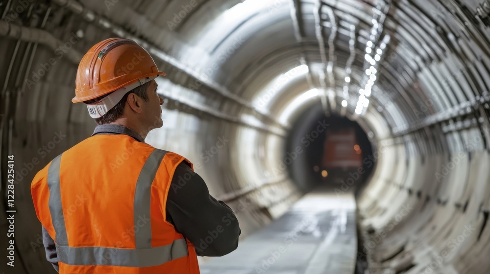 A detailed portrait of a tunnel engineer inspecting tunnel boring ...