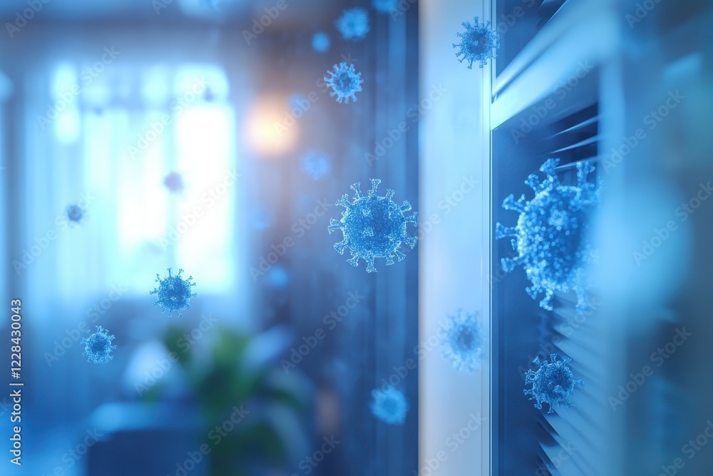 Blue virus particles float in a blurred room. Illustrates airborne ...