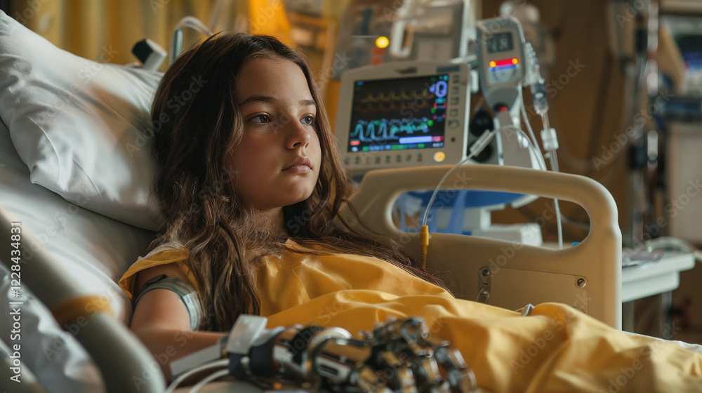 Young hospital patient girl with robotic prosthetic arm resting in ...