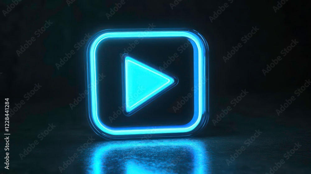 Neon glowing blue play button on black background with triangle arrow ...