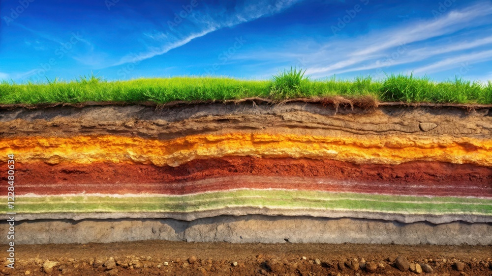Colorful cross-section of soil layers with visible grass roots and ...