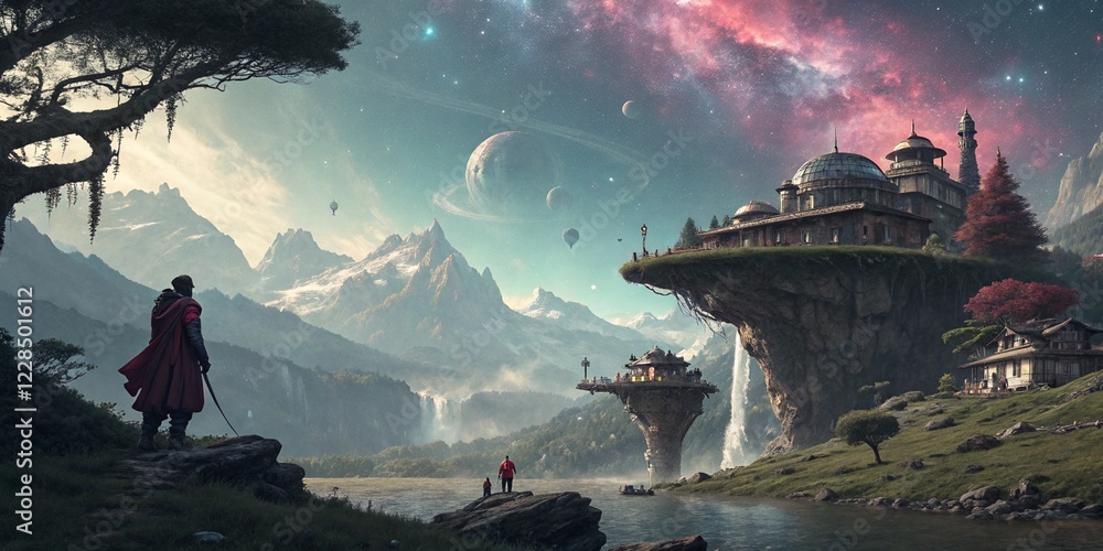 Surreal Landscape, AI Generated Art, Floating Islands, Cosmic Nebula ...