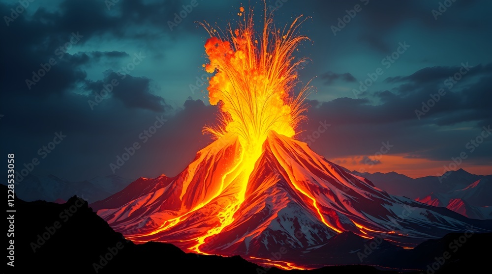 Stylized depiction of an ice volcano erupting using high contrast low ...