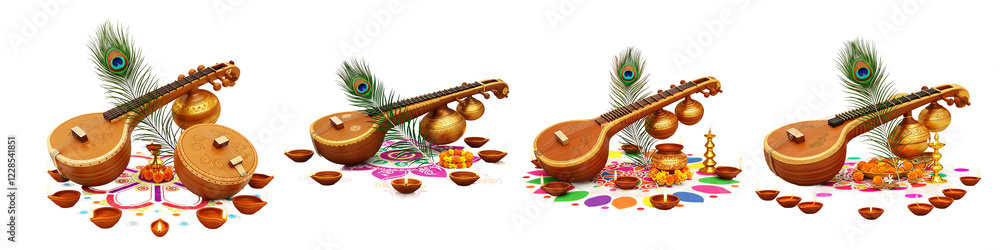Saraswati Puja Veena with Rangoli and Diyas – Transparent Background ...