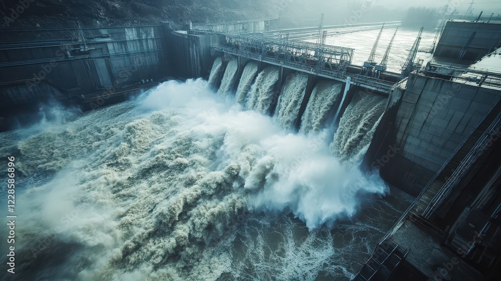 Massive dam releases surging water. Illustrates hydroelectric power ...